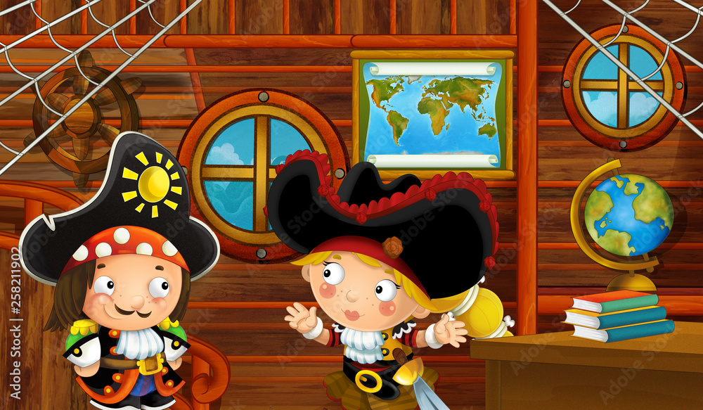 cartoon scene with pirate ship cabin interior with treasure and loving ...
