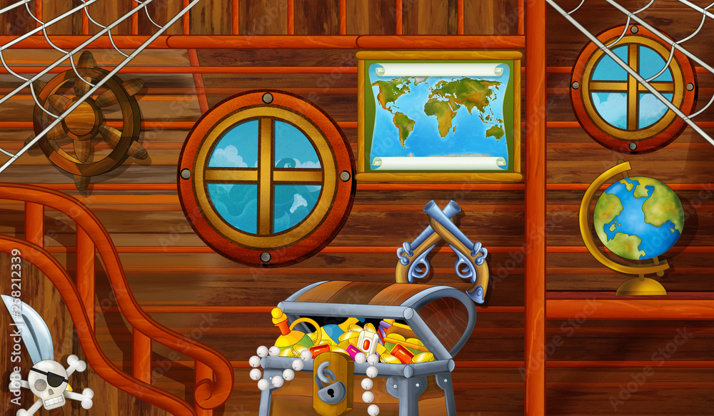 cartoon scene with pirate ship cabin interior with treasure sailing ...