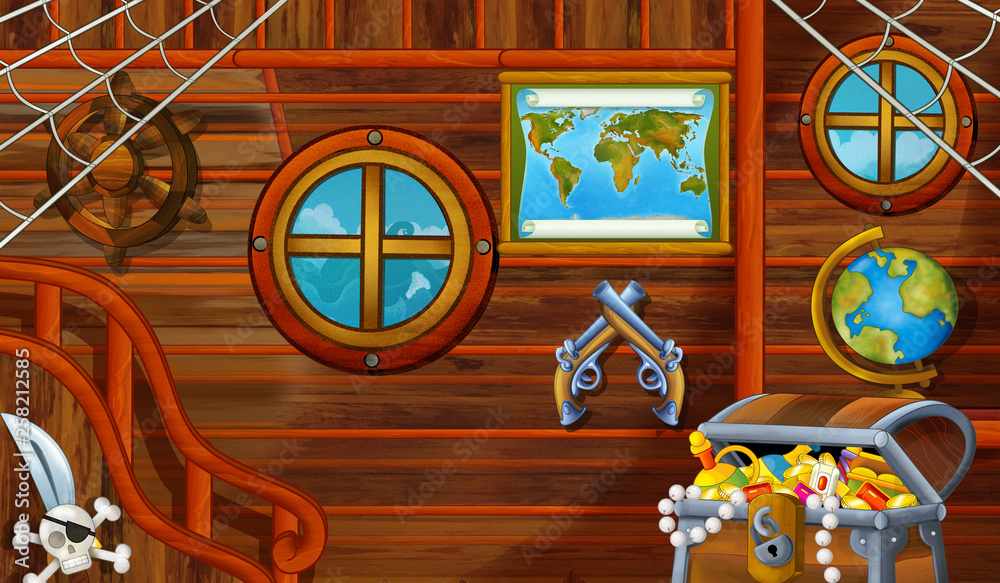 cartoon scene with pirate ship cabin interior with treasure sailing ...