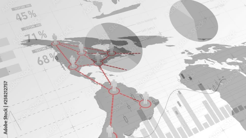 Simple person icons located on world map connected by lines and ...