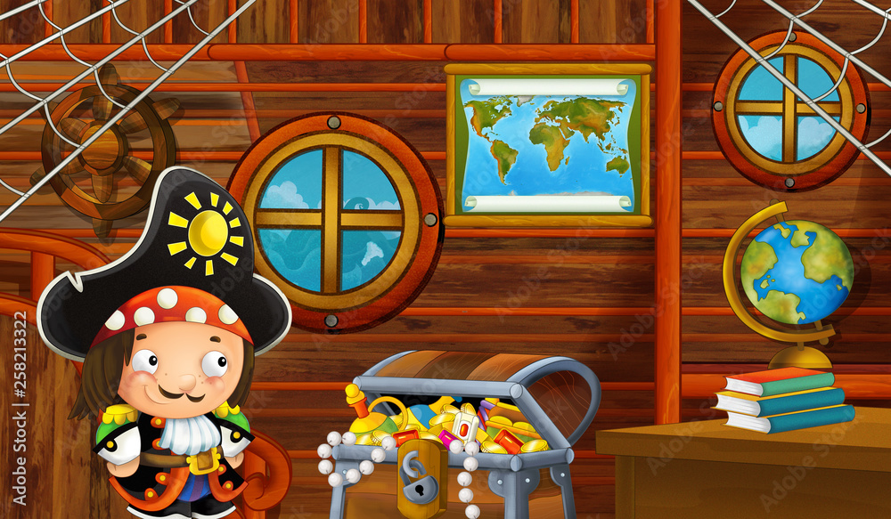 cartoon scene with pirate ship cabin interior with pirate boy sailing ...