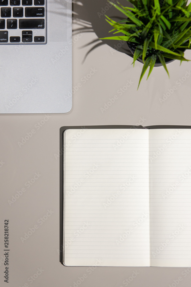 Light office desk table with laptop and supplies with blank notebook ...