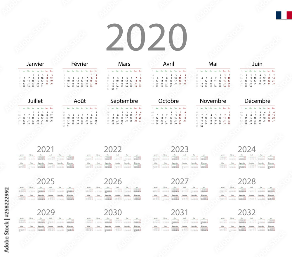 French Calendar for 2020. Week starts on Monday Stock Vector | Adobe Stock