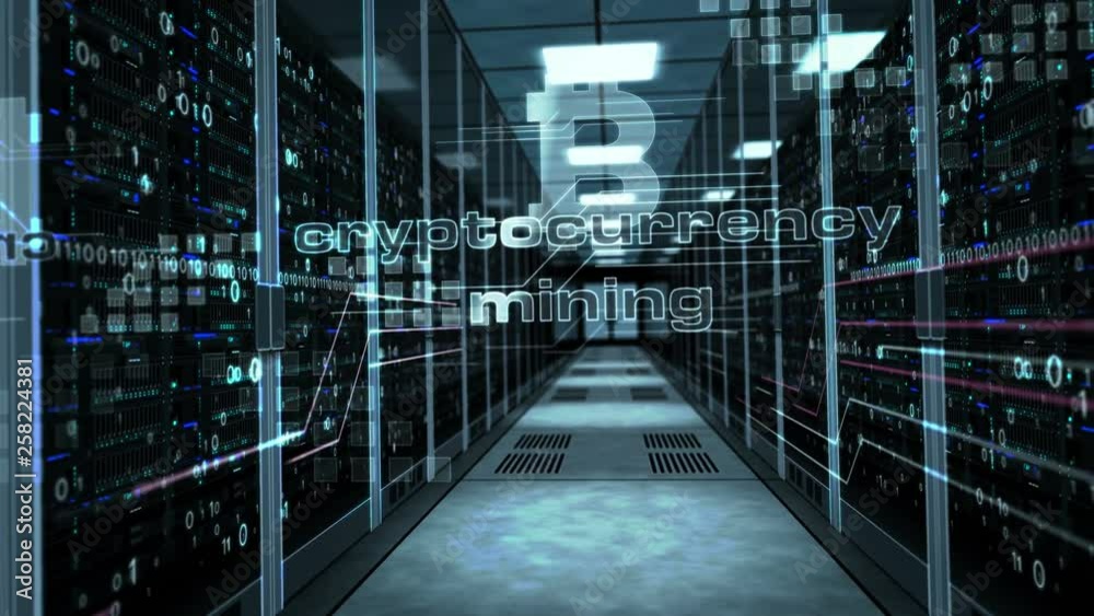 Cryptocurrency mining concept with bitcoin symbol on glass door in ...