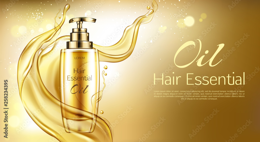 Vector 3d realistic oil essence in golden glass bottle with pump ...