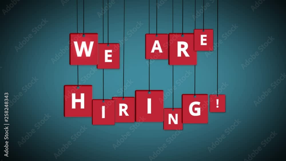Animated red letter tags spelling "We are hiring" falling from the top ...