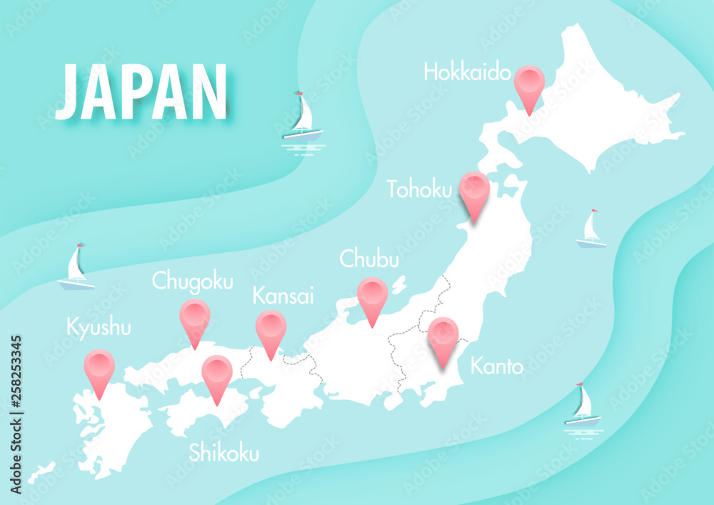 Paper art of Japan map with 3D style on blue ocean pastel color ...