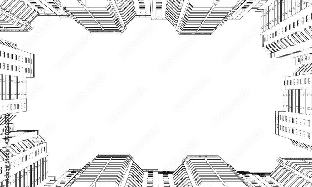 Wireframe of high-rise buildings. Contour of buildings from black lines ...