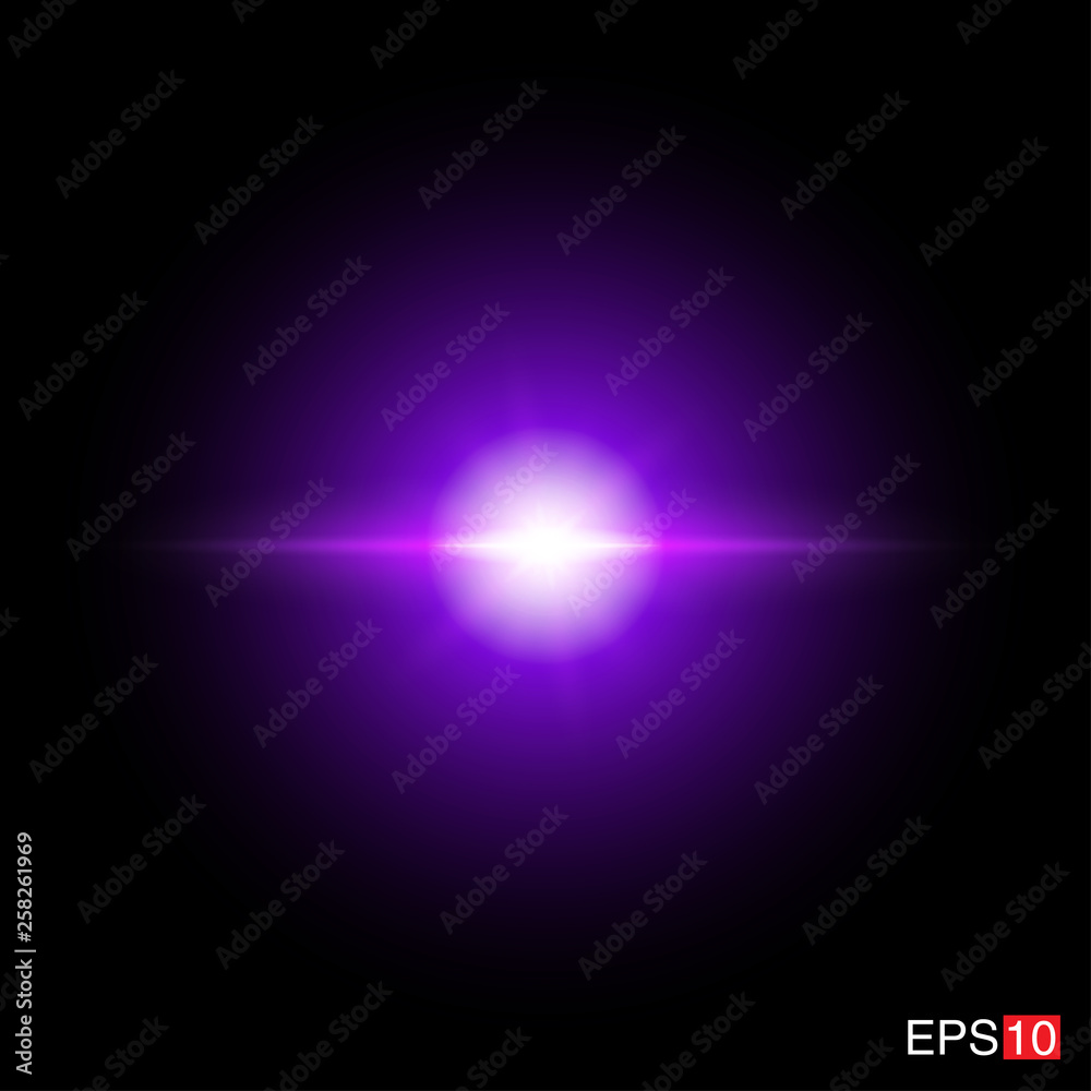 isolated purple Rays with lens flare, Sun flare, flare on the black ...