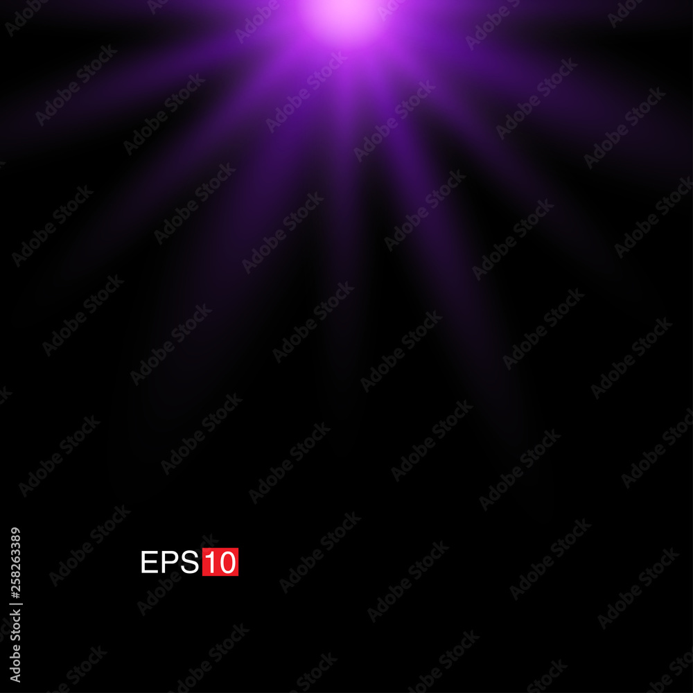 isolated purple Rays with lens flare, Sun flare, flare on the black ...