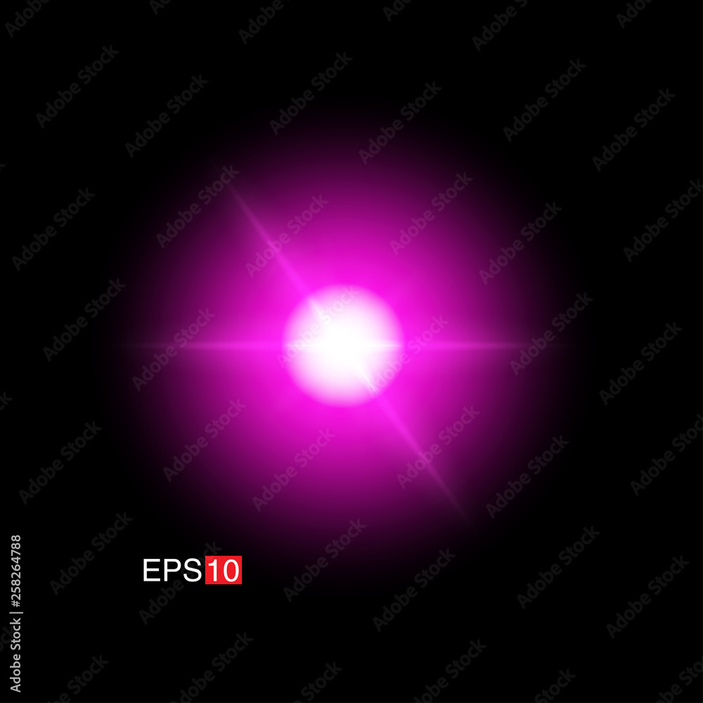 isolated pink Rays with lens flare, Sun flare, flare on the black ...