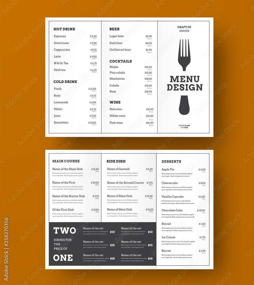 Design of the vector Trifold menu for a cafe or restaurant with black ...