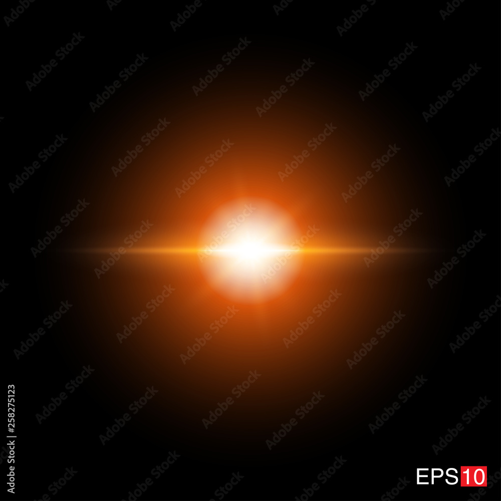 isolated orange Rays with lens flare, Sun flare, flare on the black ...