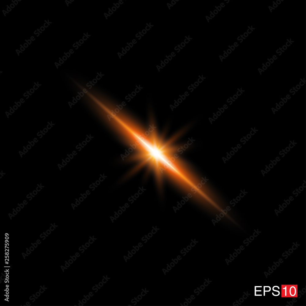 isolated orange Rays with lens flare, Sun flare, flare on the black ...