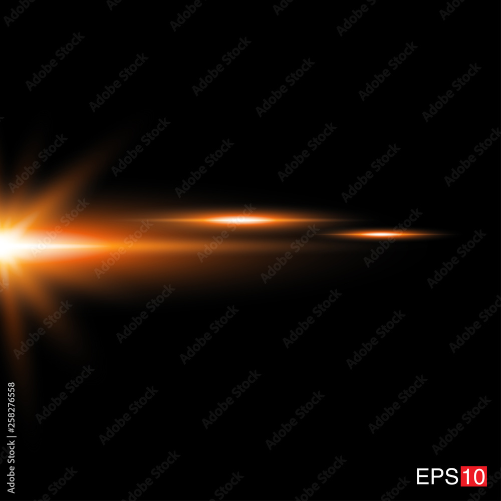 isolated orange Rays with lens flare, Sun flare, flare on the black ...