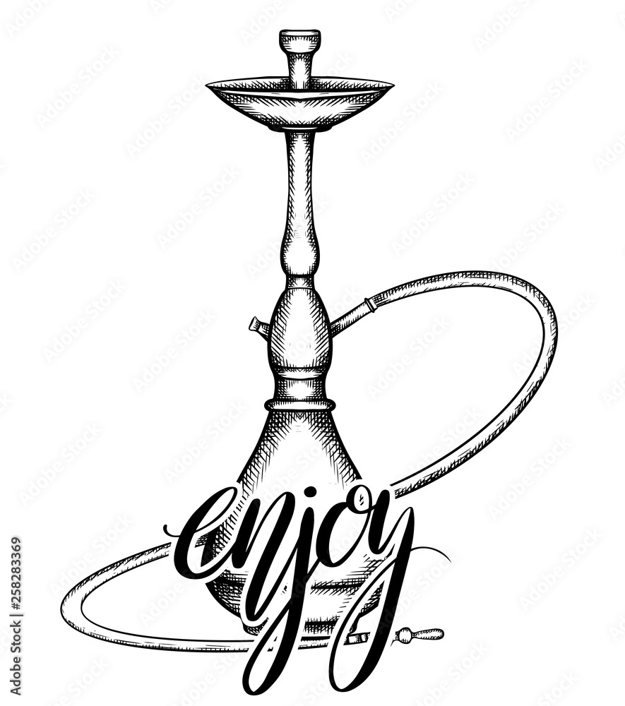 Black and white illustration of hookah with hatching and Enjoy hand ...