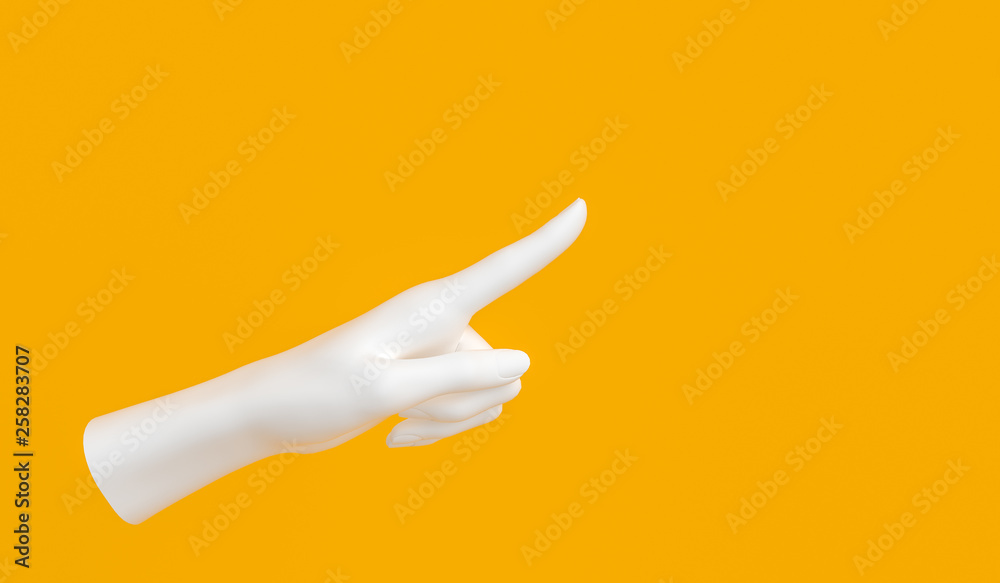 Pointing finger white hand gesture on yellow background. Female showing ...