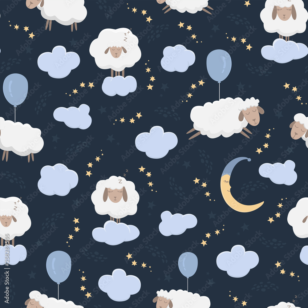 Seamless pattern with cartoon sheeps in the sky. Dark blue background ...