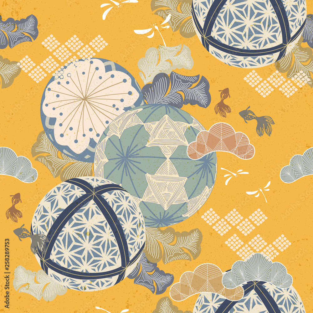 Vecteur Stock Japanese temari ball pattern vector. Yellow background ...
