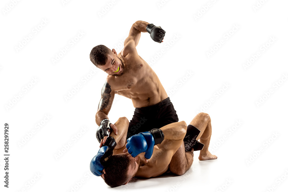 MMA. Two professional fightesr punching or boxing isolated on white ...