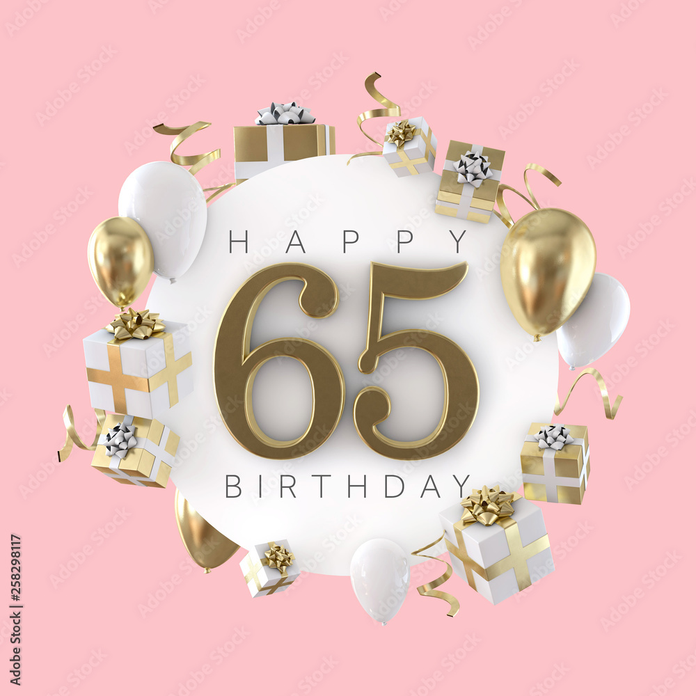 Happy 65th birthday party composition with balloons and presents. 3D ...