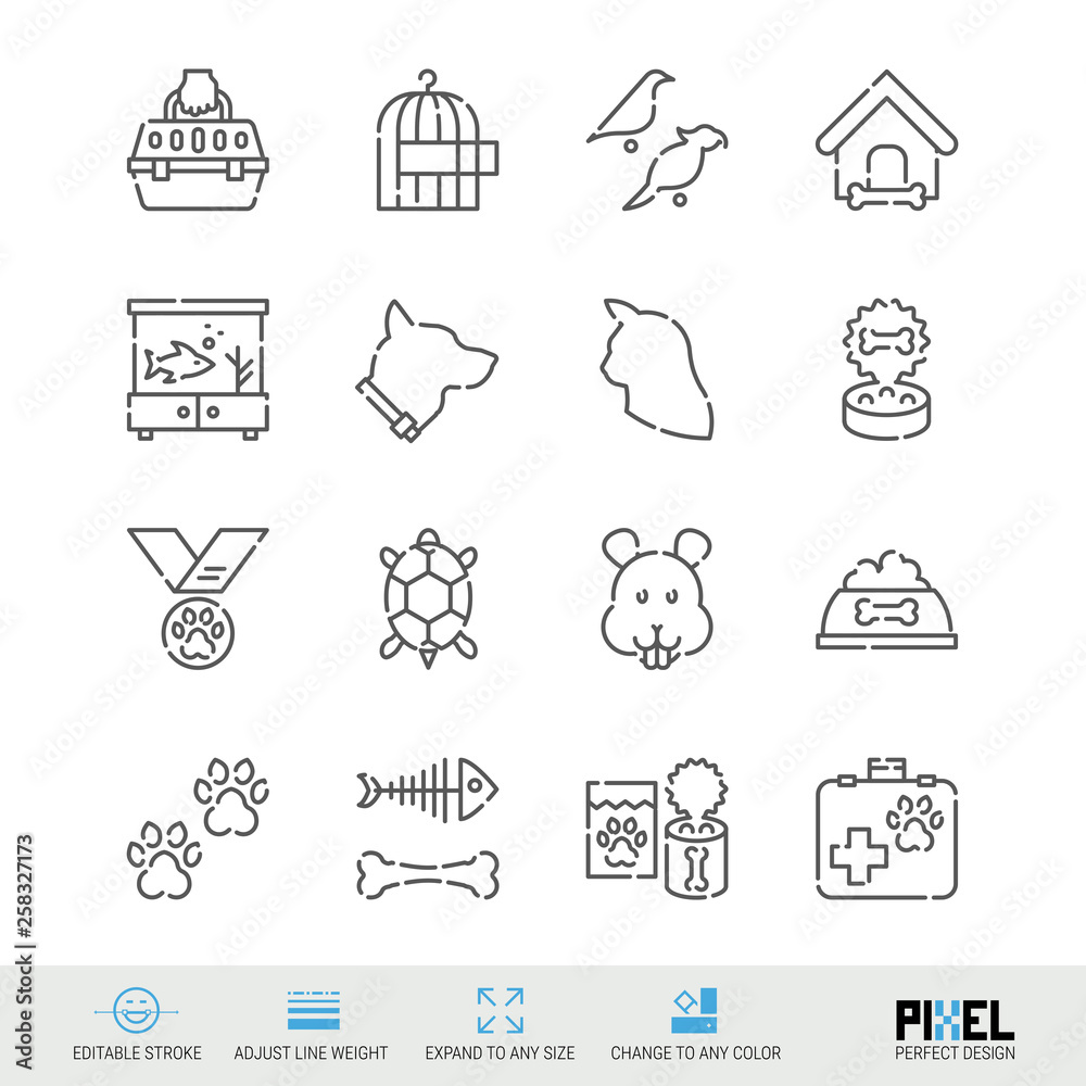 Vector Line Icon Set. Pets Related Linear Icons. Pet Supplies Symbols ...
