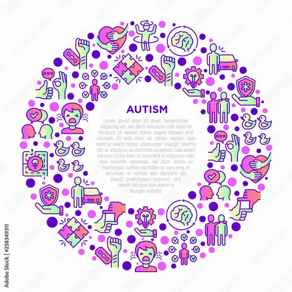 Autism concept in circle, symptoms and adaptive skills thin line icons ...