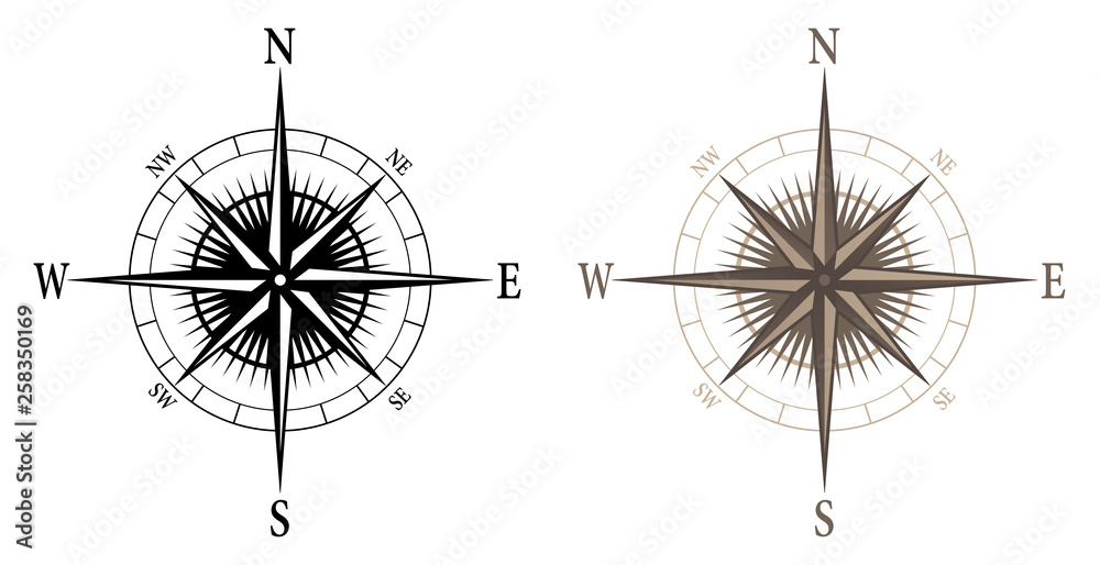 Compass, isolated vector illustration in both black and color versions ...