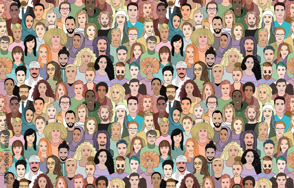 A large set of faces of young people of different nationalities ...