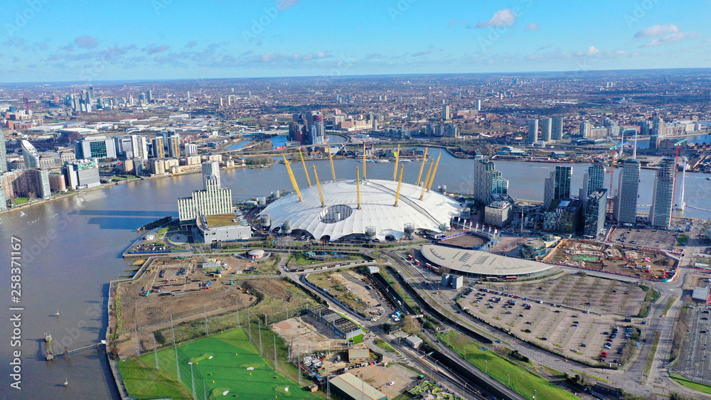 Aerial drone bird's eye view of iconic concert Hall of O2 Arena in ...
