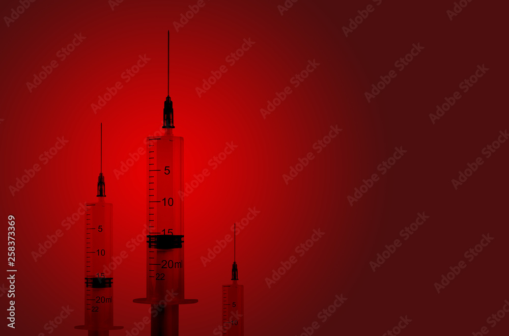 Syringes on a red background. The concept of drug addiction and danger ...