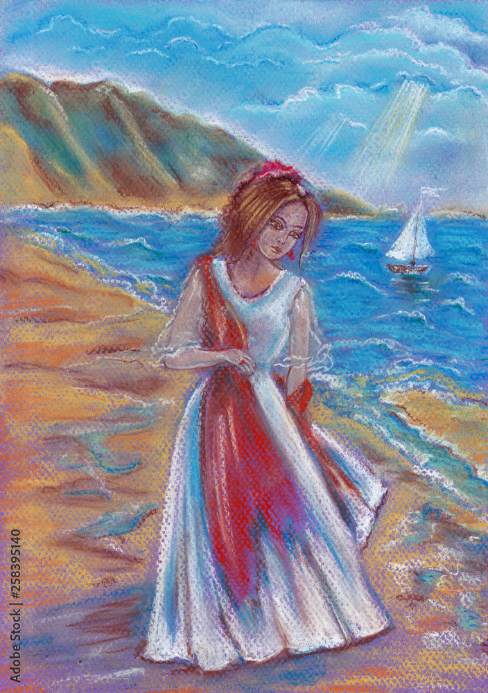 Assol - the girl on the Bay in the background sailing ship. Good pastel ...