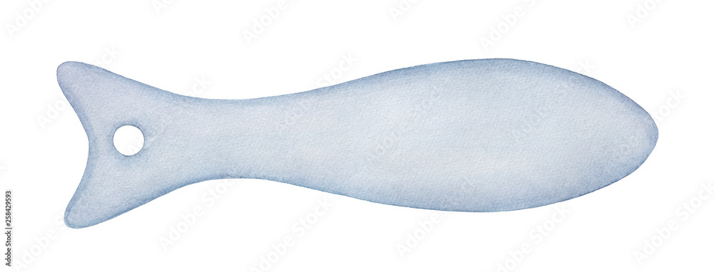 Decorative fish shaped label watercolour drawing. One single object ...