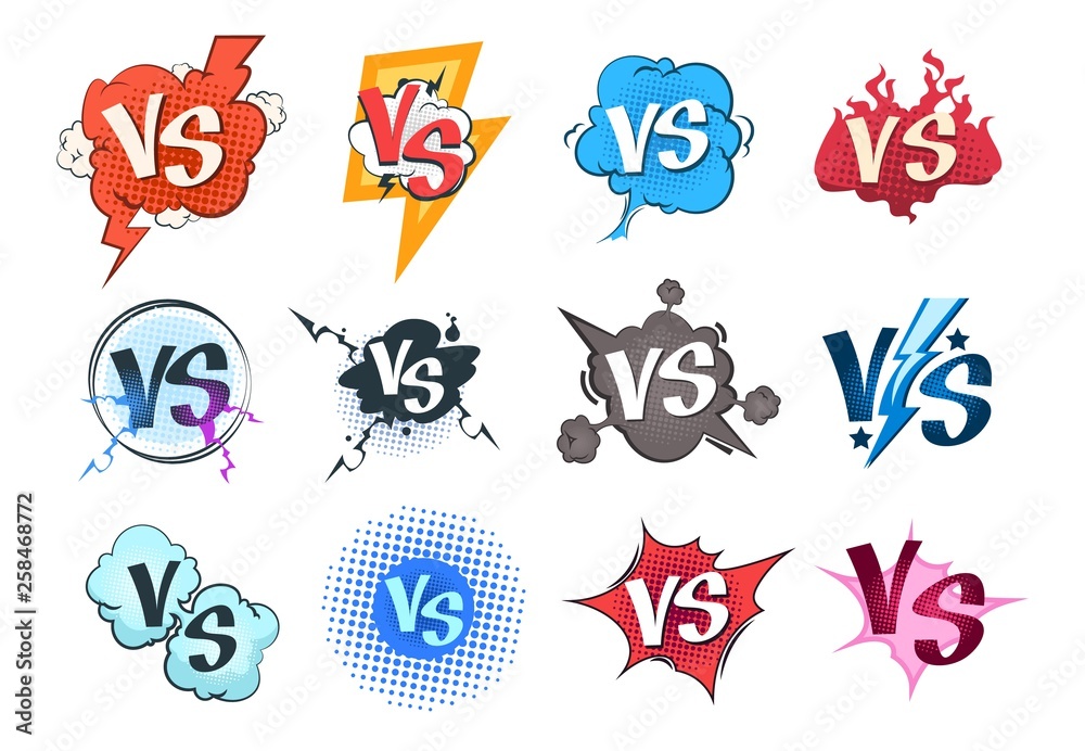 Comic versus logos. VS pop art retro game concept, cartoon fight bubble ...