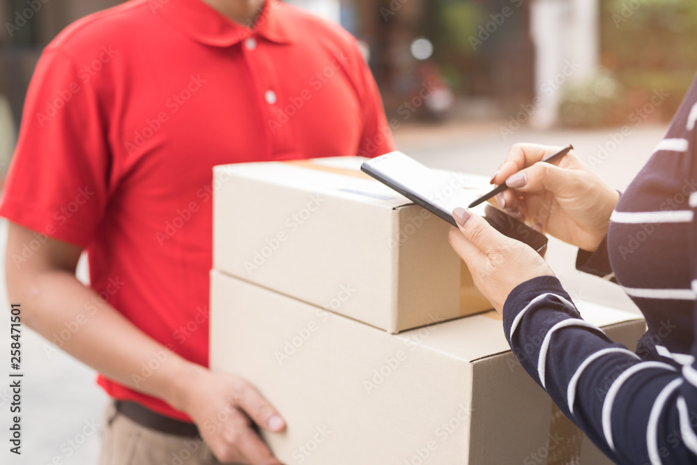 man with gift box send delivery, cardboard, moving, box, woman, packing ...
