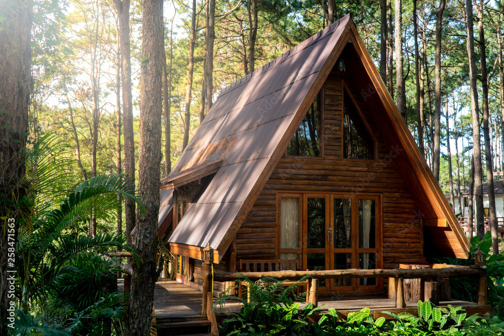 Little wooden cottage house in forest. Log cabin hut with garret and ...