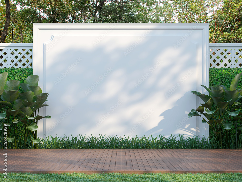 Empty white wall in the garden 3d render, There is a wooden floor ...
