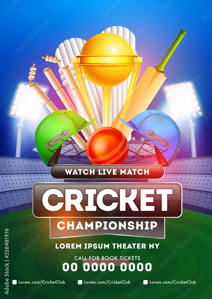 Live Cricket Championship template or flyer design with details, match ...
