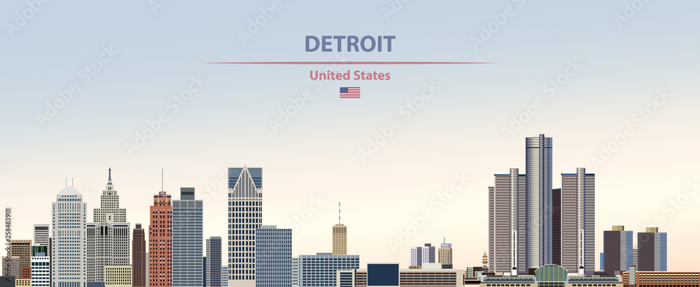 Vector illustration of Detroit city skyline on colorful gradient ...