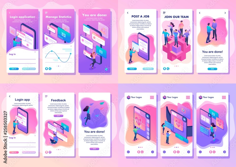 Isometric Bright Process of Creating application Stock Vector | Adobe Stock
