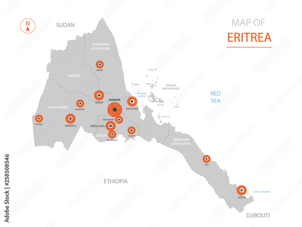 Stylized vector Eritrea map showing big cities, capital Asmara ...