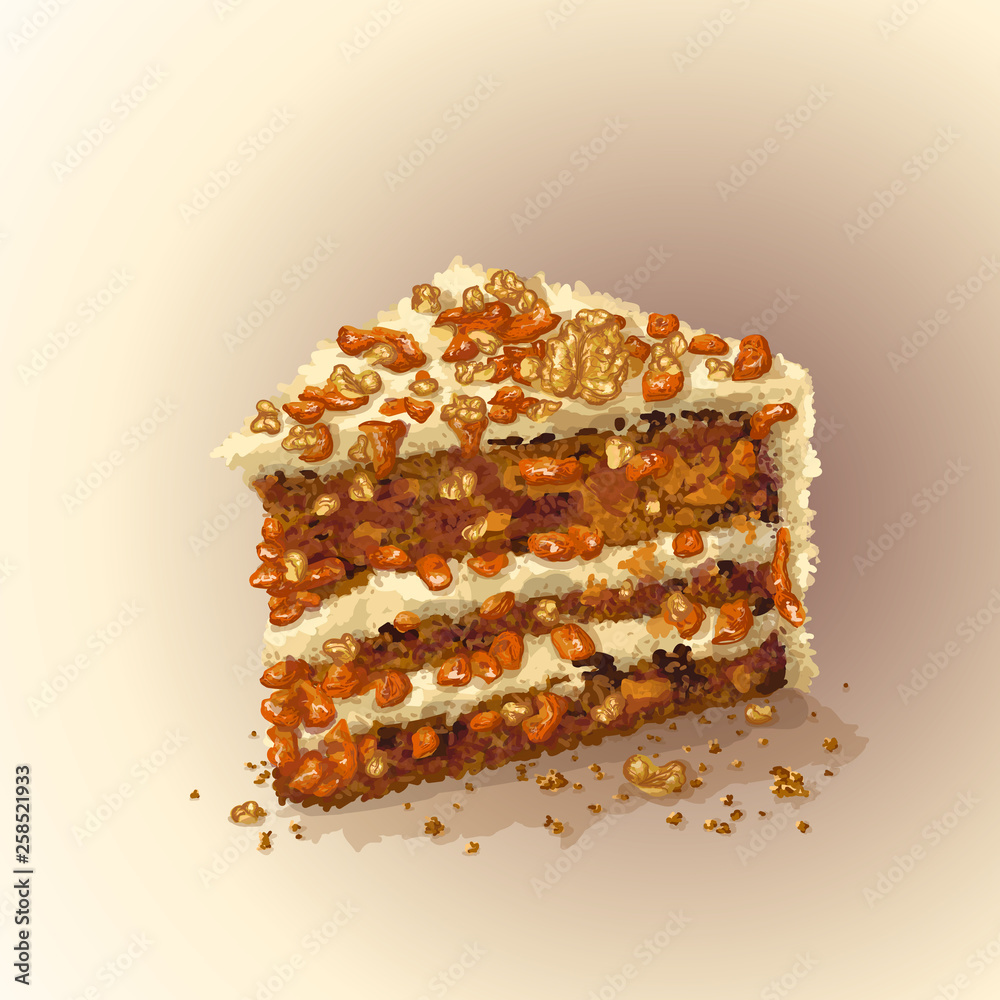 Vector piece of carrot cake with slices of walnuts, dried apricots ...