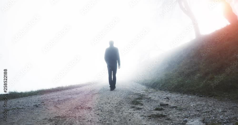 Man walking alone on rural misty road. Stock Video | Adobe Stock