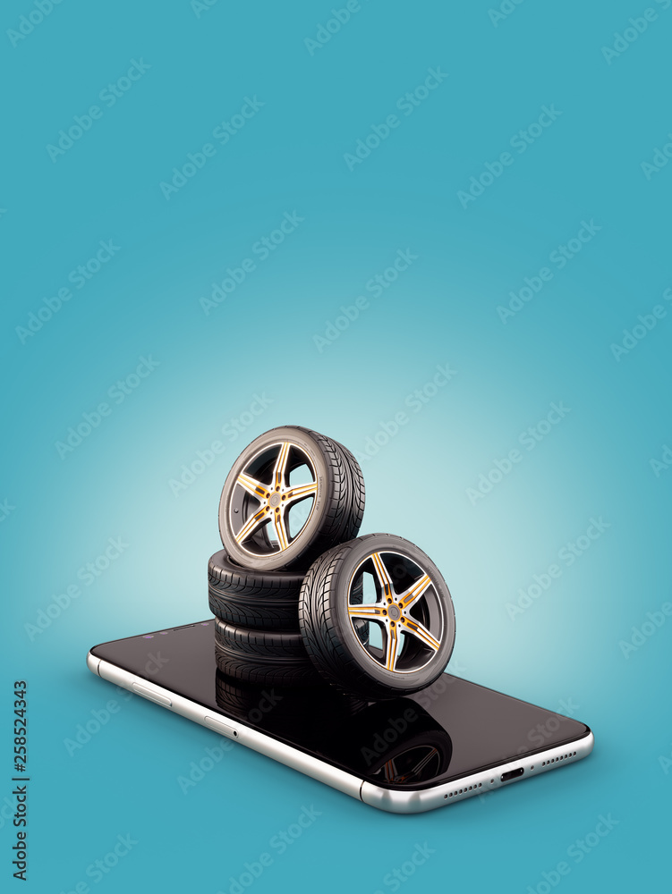 Unusual 3d illustration of car tires on a smartphone screen. Tire Size ...