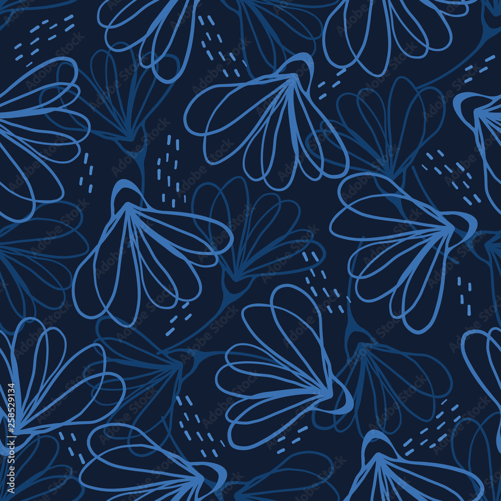Indigo blue hand painted large scale floral vector seamless pattern ...