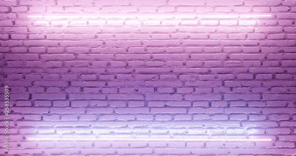 3d rendering. Brick wall illuminated by a pink neon lamp. Abstract ...