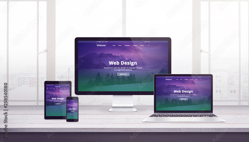 Responsive web site concept on multiple devices. Work desk with window ...