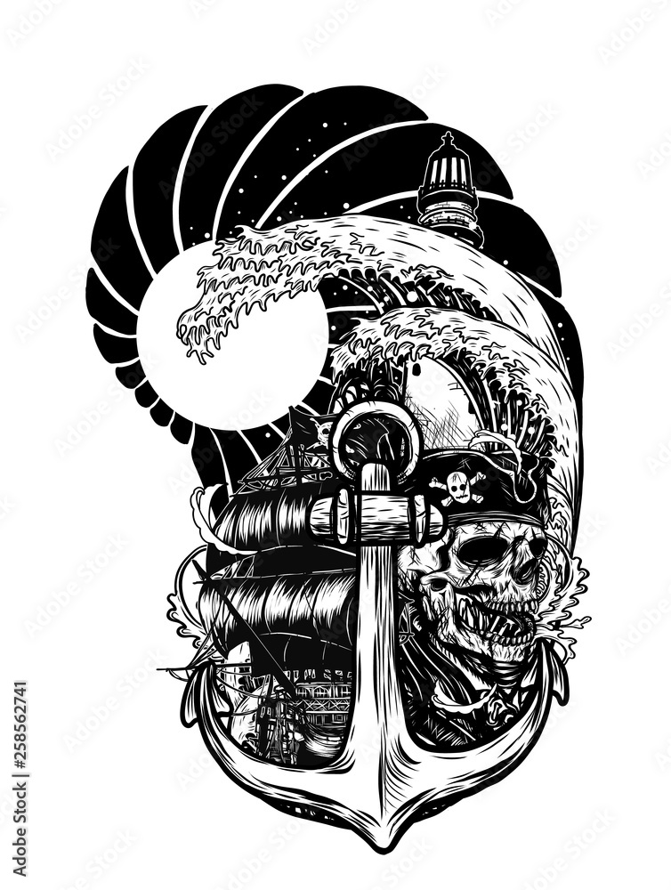 Pirate skull with ship vector tattoo by hand drawing.Beautiful ship on ...