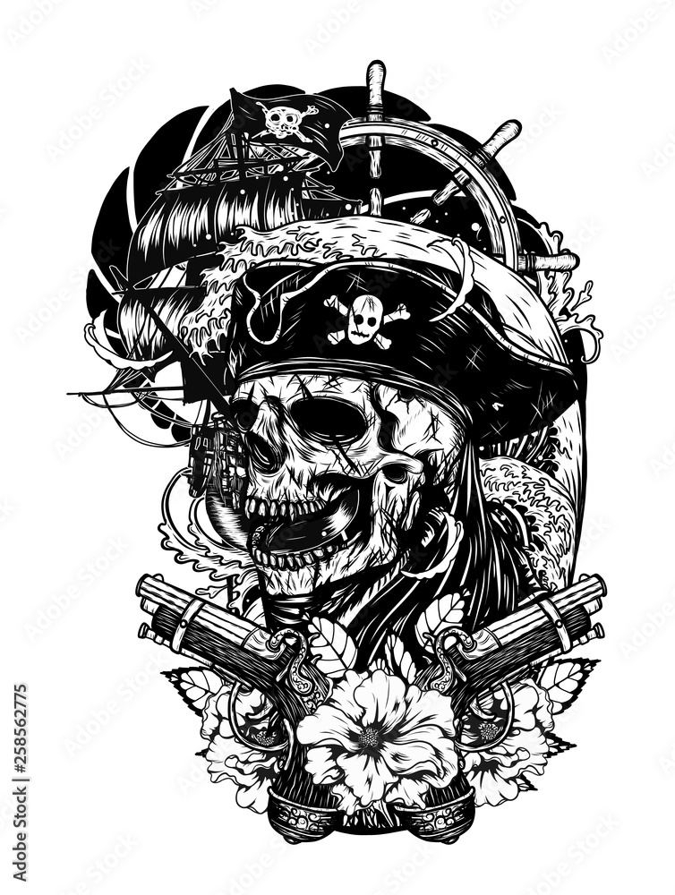 Pirate skull with ship vector tattoo by hand drawing.Beautiful ship on ...