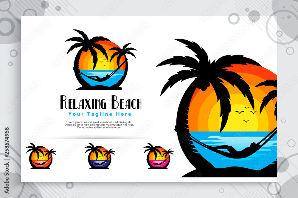 relaxing beach vector logo with silhouette illustration relaxing people ...